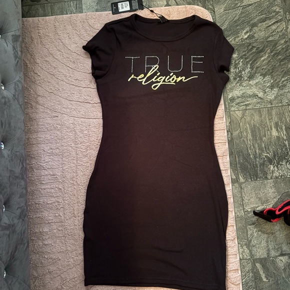 True Religion | Dresses | True Religion Black Dress With Gold Logo ...